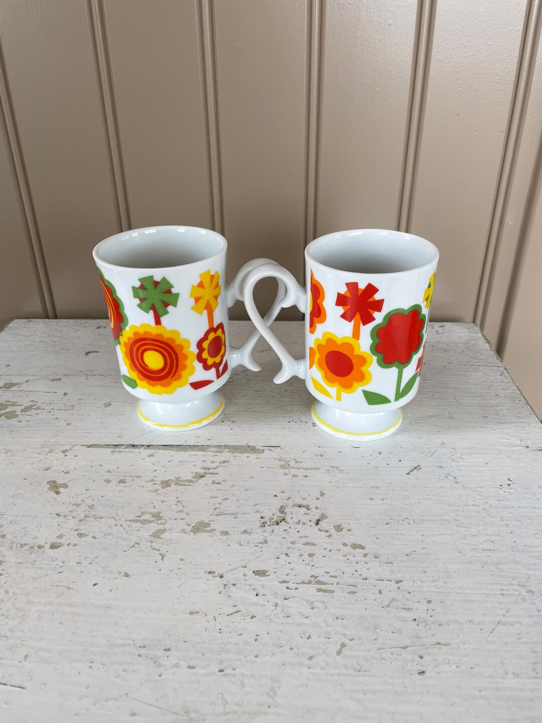 Flower Power Pedestal Mugs Bright Floral Mugs Set of 2 - Etsy