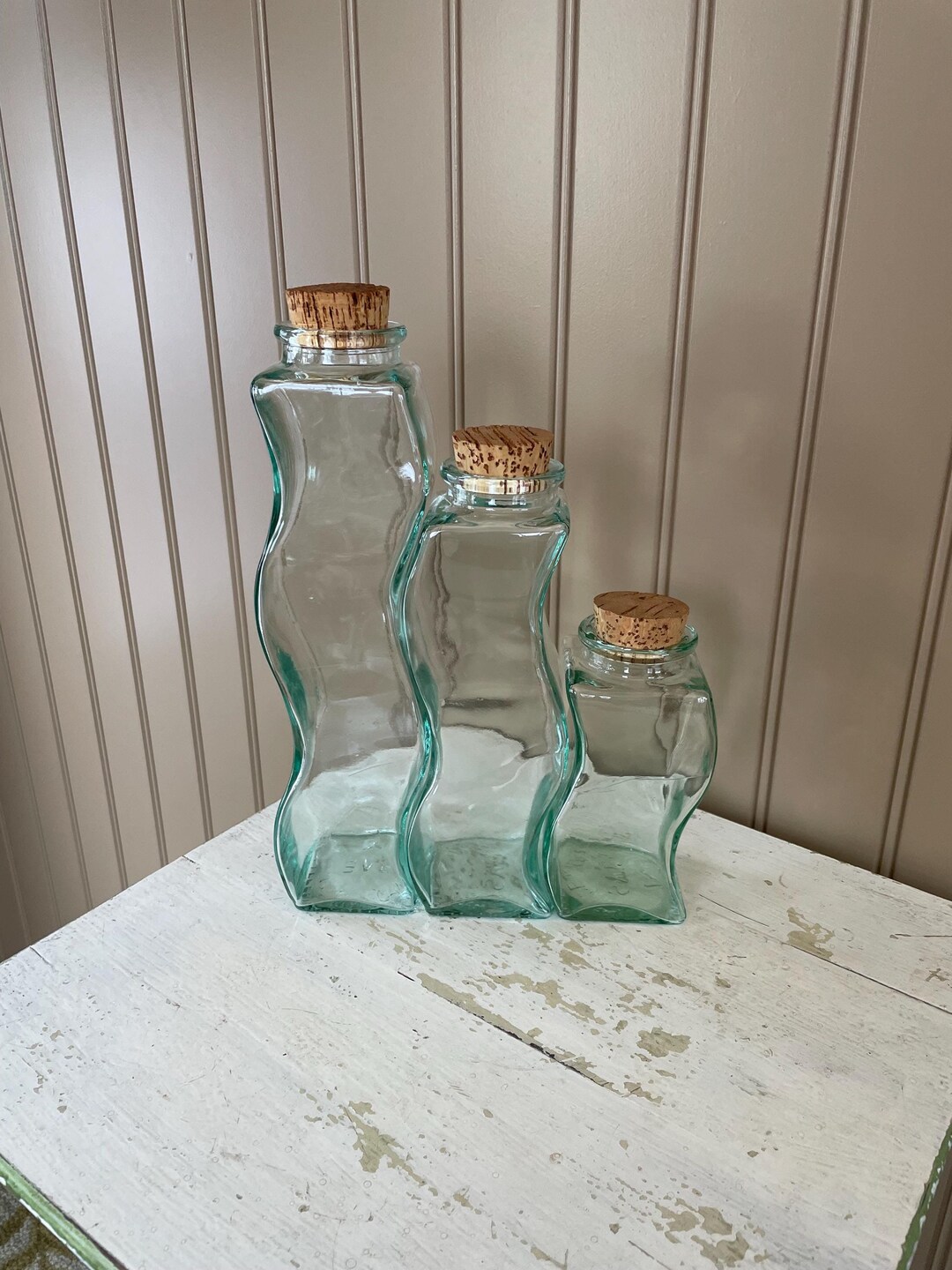 Italian Wavy Green Glass Bottles With Corks Storage Jars Set of 3 - Etsy