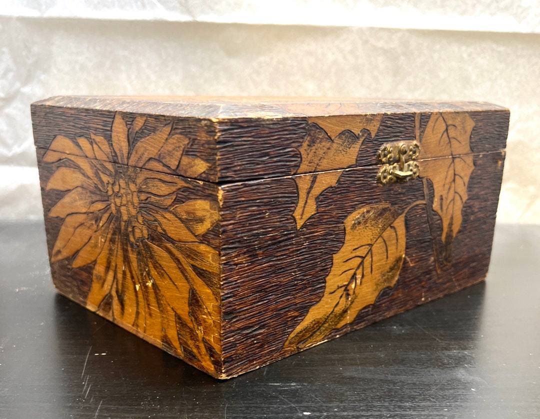 Vintage Hinged Wood Floral Dovetailed Box for Pyrographic Outfit With ...