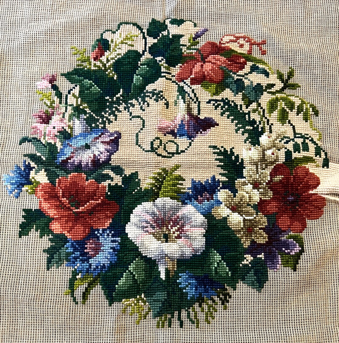 Stunning Unfinished Floral Wreath Needlepoint; Wall Hanging, Pillow ...