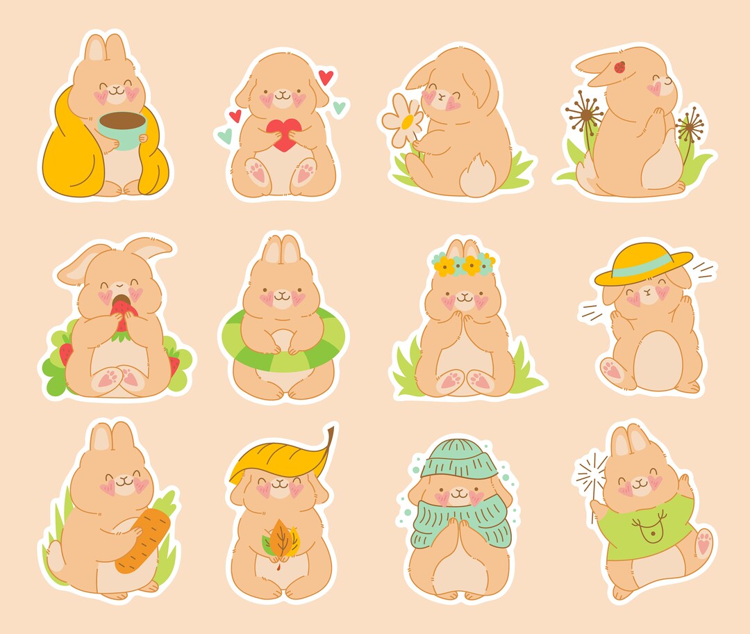 12 Cute Rabbit Bunny Stickers A4 & 8.5x11 Digital Download - Etsy