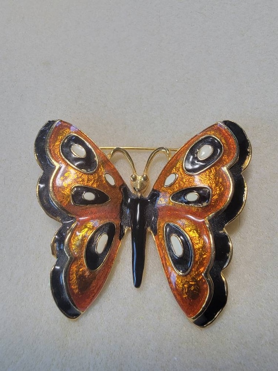Vintage Monarch Butterfly Gold Tone Enamel Brooch Pin - Gem