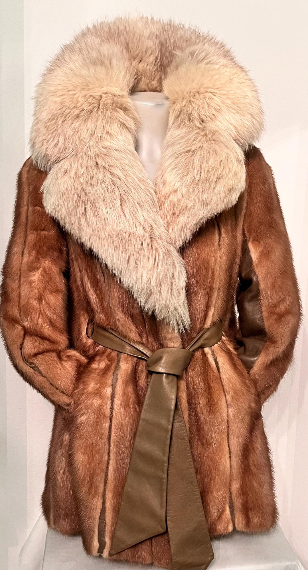 Vintage Caramel Mink Fur Taupe Leather Coat With Blonde Fox Collar ...