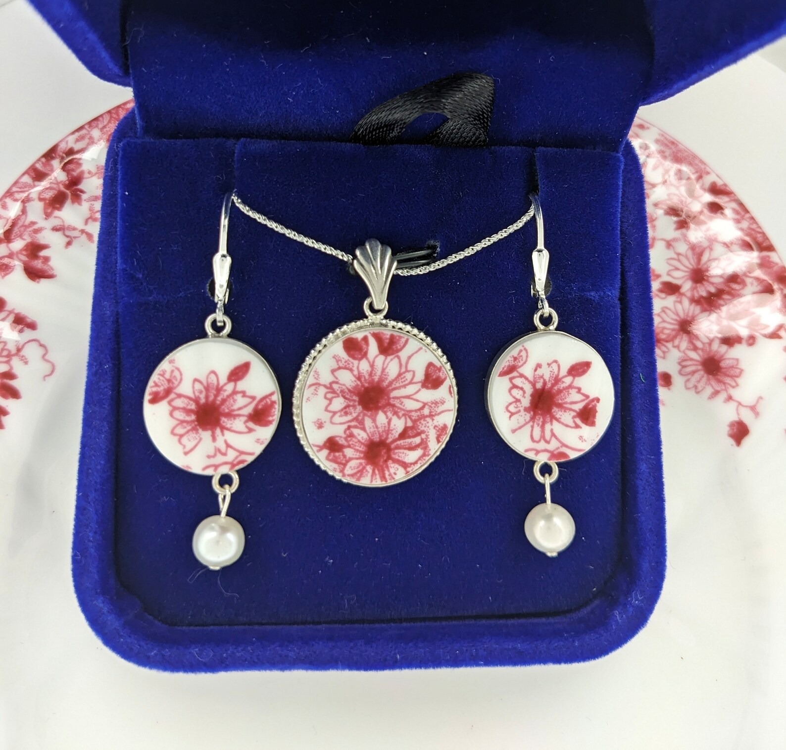 Shelley China Jewelry Set, Pink Floral Necklace, Sterling Silver ...