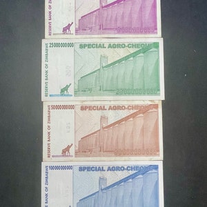 Zimbabwe 4-pc Special Agro-cheque Set: 1/ea of 5, 25, 50 & 100 Billion ...