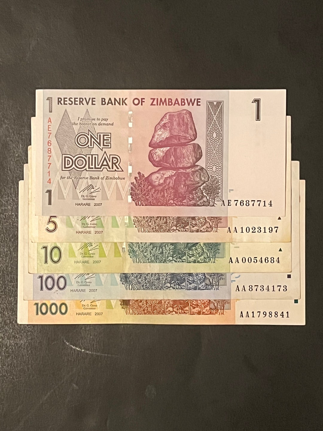 Zimbabwe 5-pc 1-1000 Dollar 2007 Banknote Set: 1/ea of 1, 5, 10, 100 ...