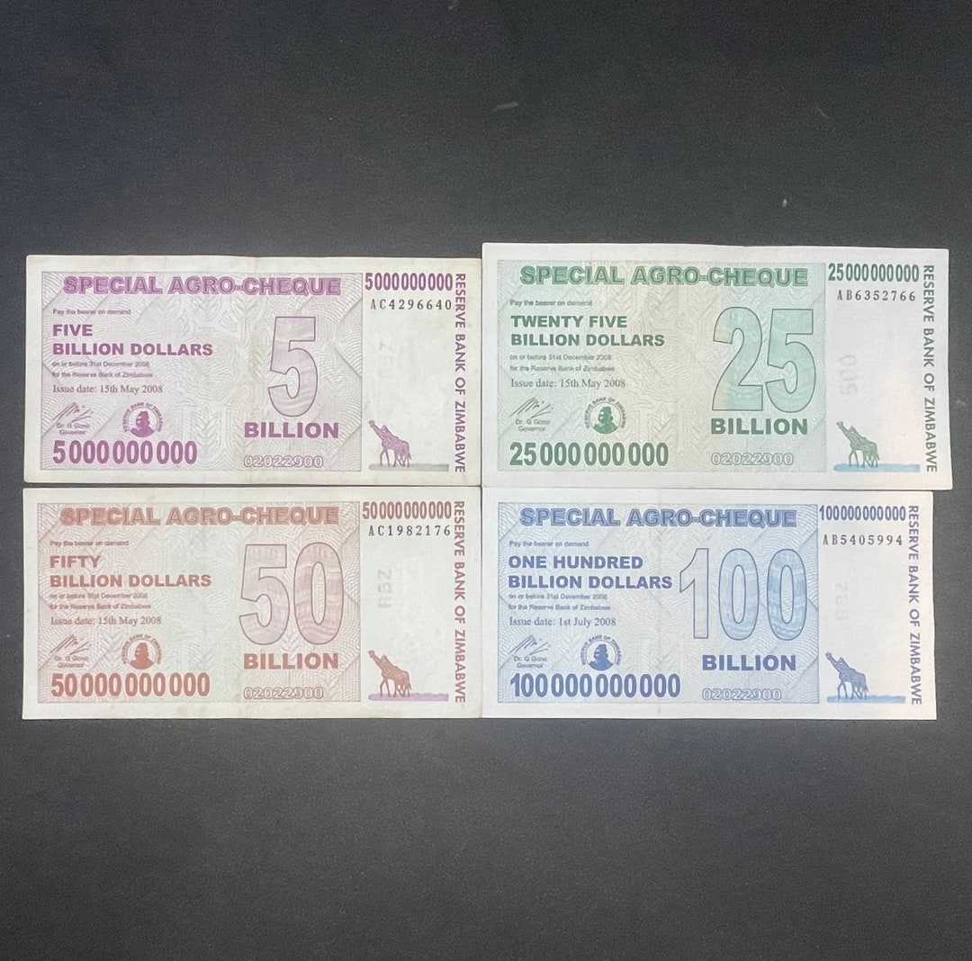 Zimbabwe 4-pc Special Agro-cheque Set: 1/ea of 5, 25, 50 & 100 Billion ...