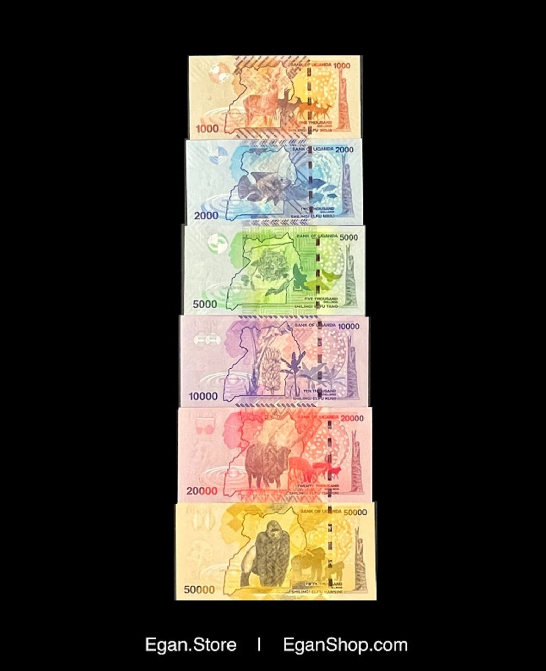 Uganda Shilling 6-pc Banknote Set: 1/ea X 1000, 2000, 5000, 10000 ...