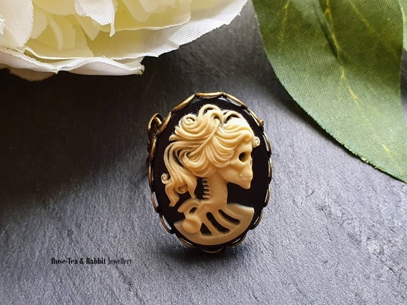 Skeleton Lady Cameo Adjustable Ring 18x25mm Black & Ivory - Etsy