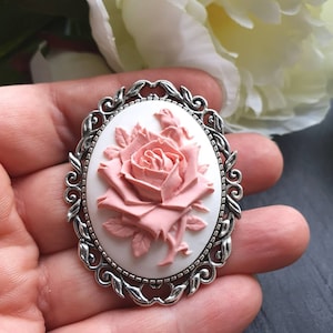 Large Cameo Rose Brooch White Pastel Pink Resin Cameo Antiqued
