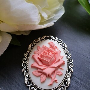 Large Cameo Rose Brooch White Pastel Pink Resin Cameo Antiqued