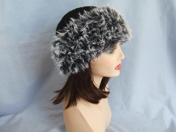 Faux Fur Hat Hand Knitted Black Russian Cossack Style Merino Wool Black and White Fur Trim Handmade Faux Fur Hat Womens Accessories Etsy