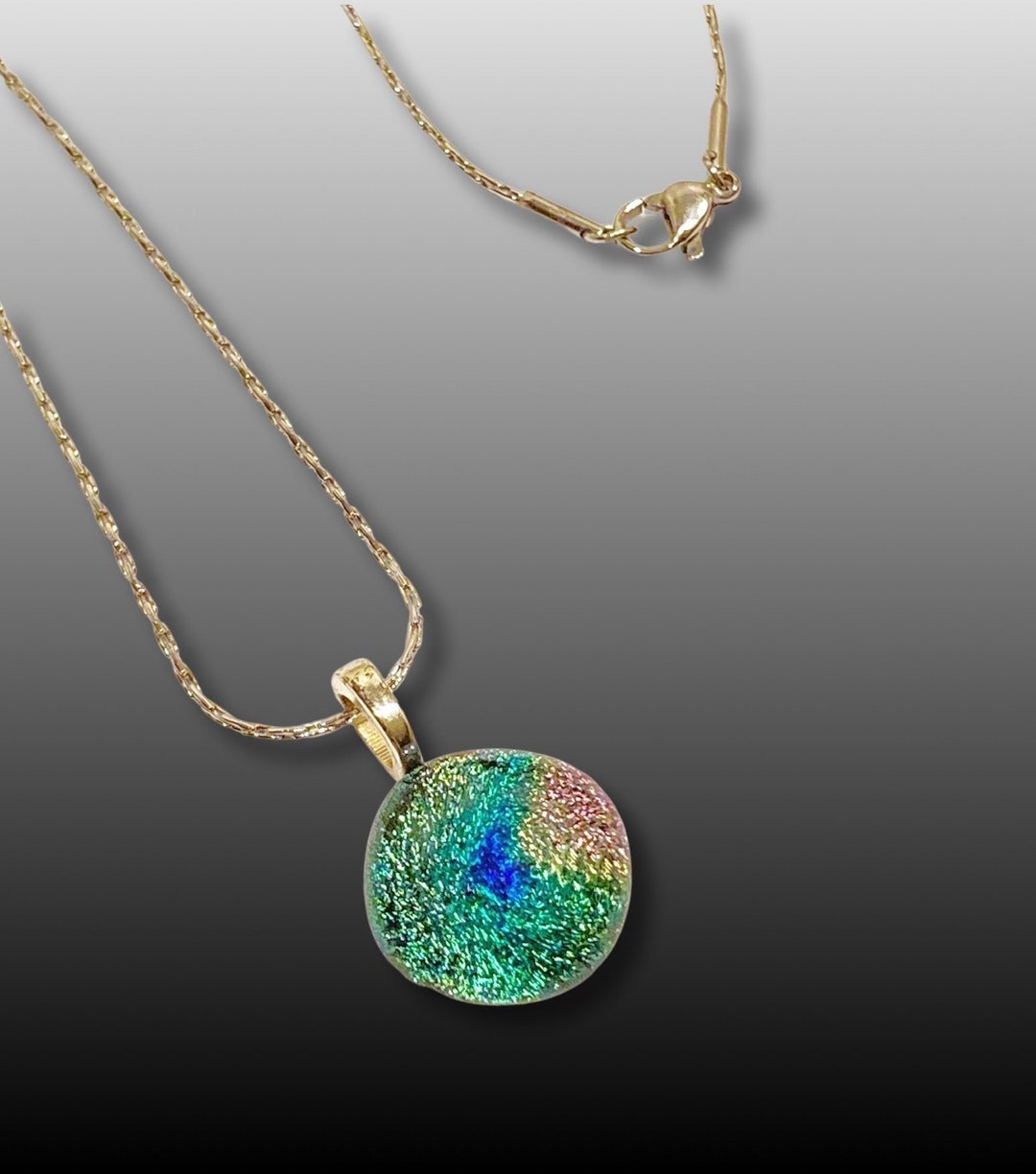Small Pink Teal Blue Green Fused Glass Pendant - Round Dichroic Glass ...