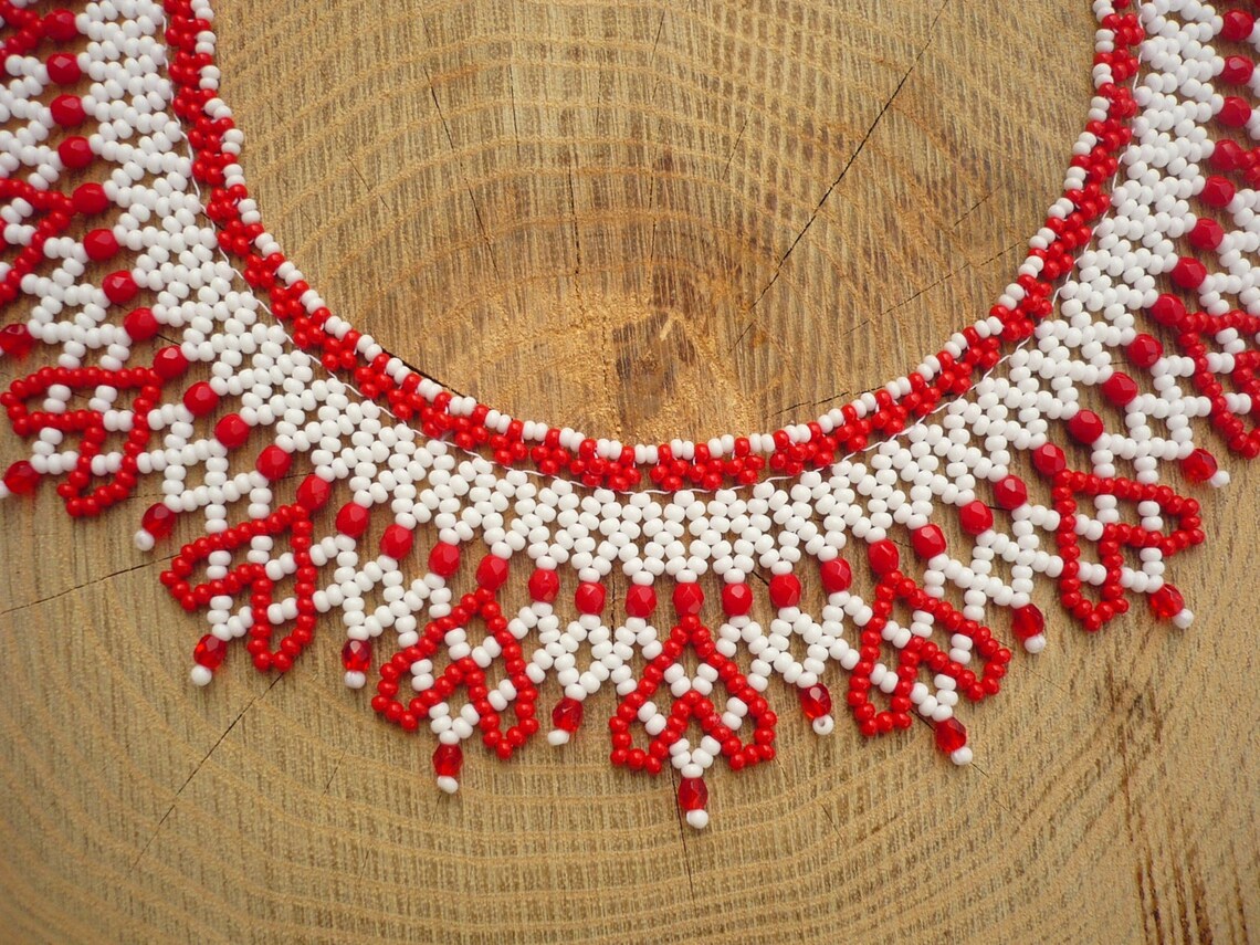 Red-white Beadwork Ukrainian Necklace With Hearts Ukrainian - Etsy
