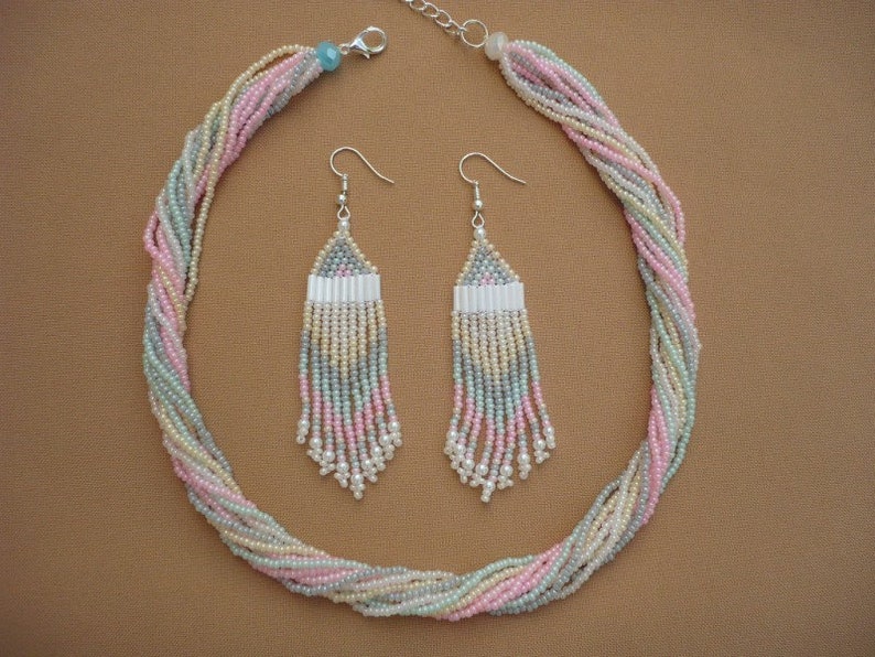 Silky Light Color Beadwork Multi Strand Necklace Set Beaded - Etsy
