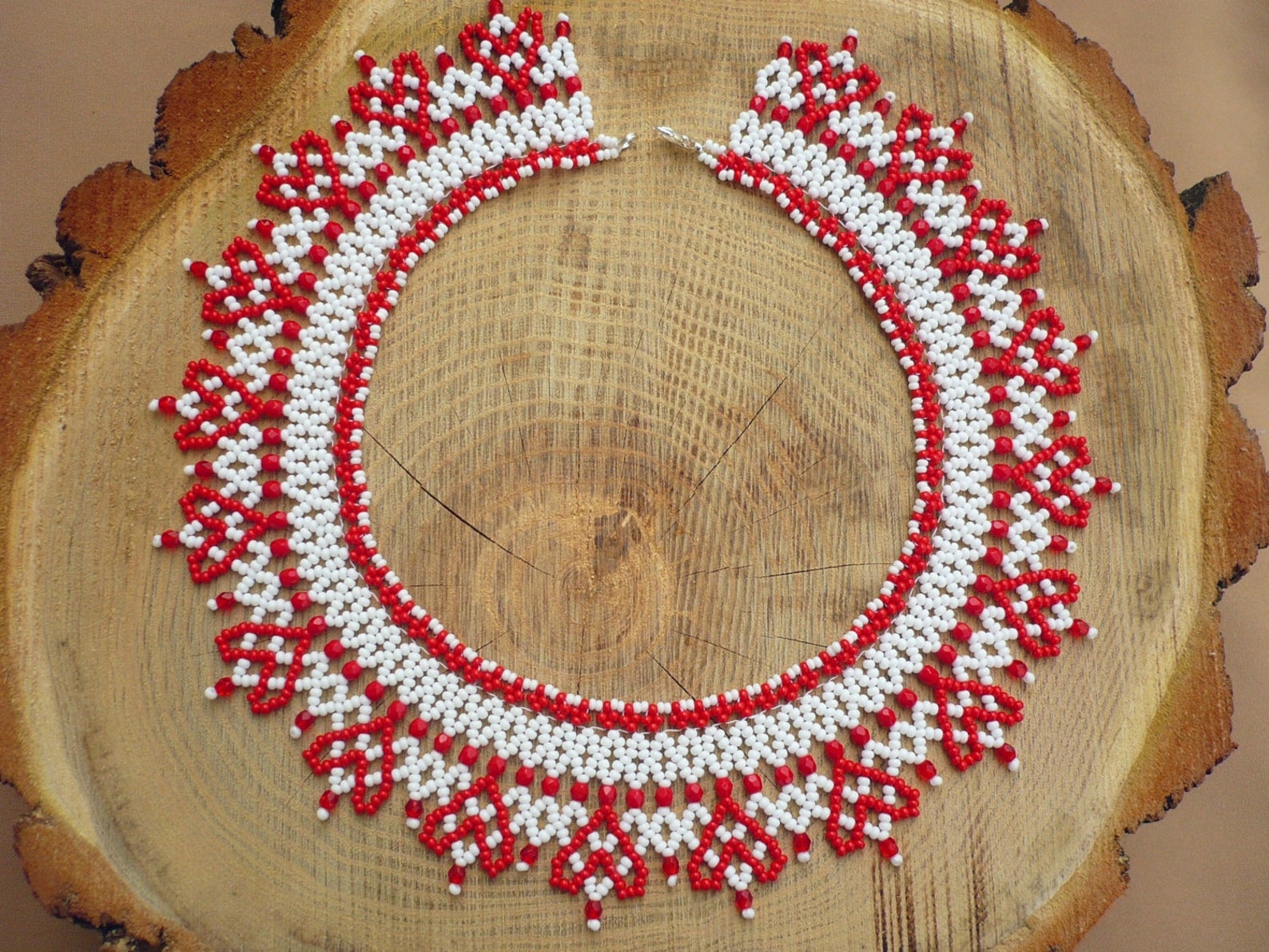 Red-white Beadwork Ukrainian Necklace With Hearts Ukrainian - Etsy