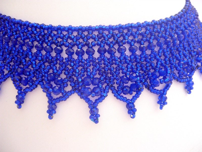 Royal Blue Beadwork Netted Necklace Blue Seed Bead Collar - Etsy