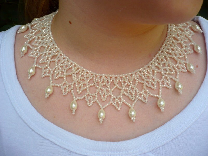 Ecru Color Lace-like Beadwork Necklace, White Seed Bead Statement ...
