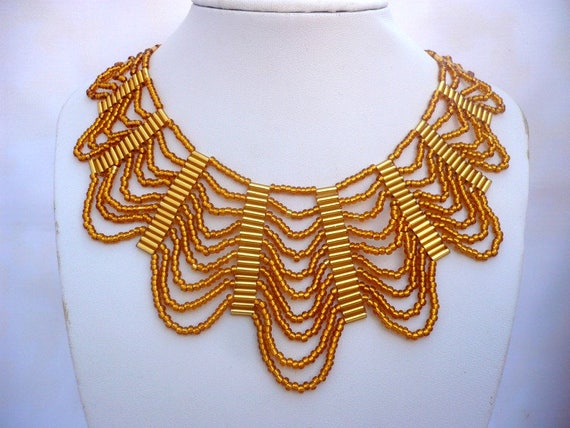 Golden wave gold color beadwork necklace seed bead collar | Etsy