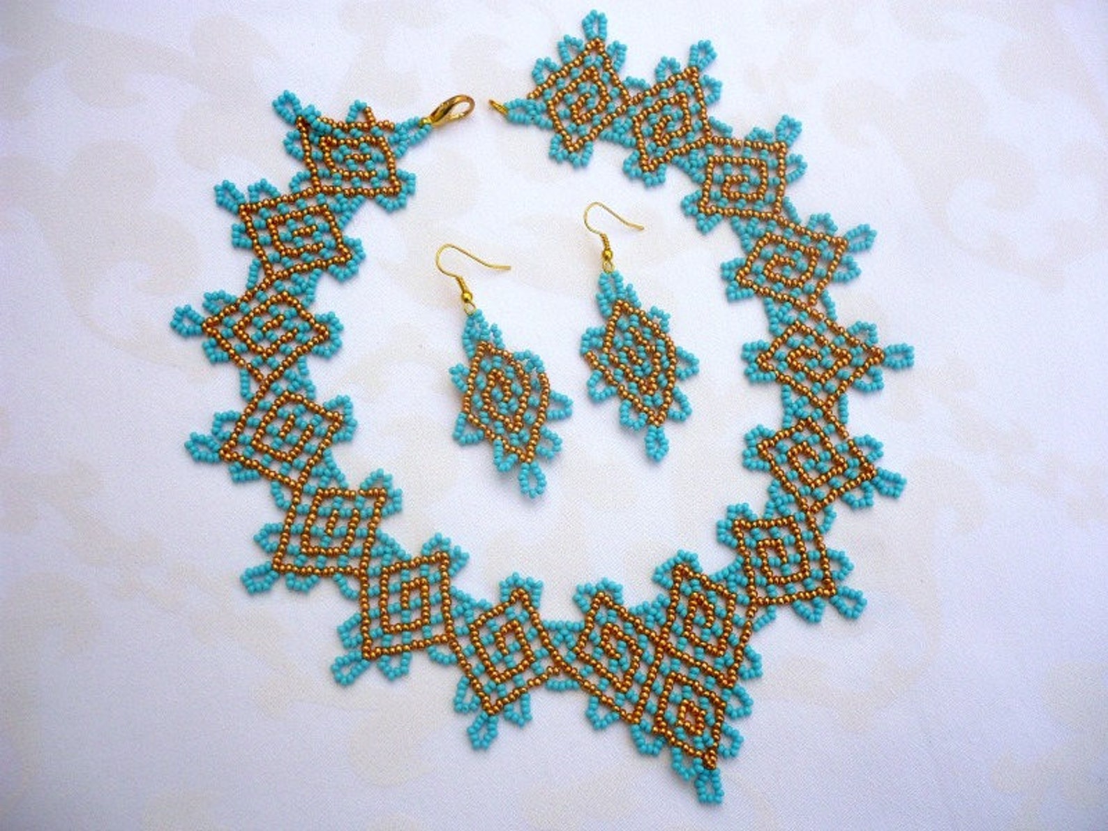 Turquoise-gold 'greek' Beadwork Netted Necklace Seed - Etsy