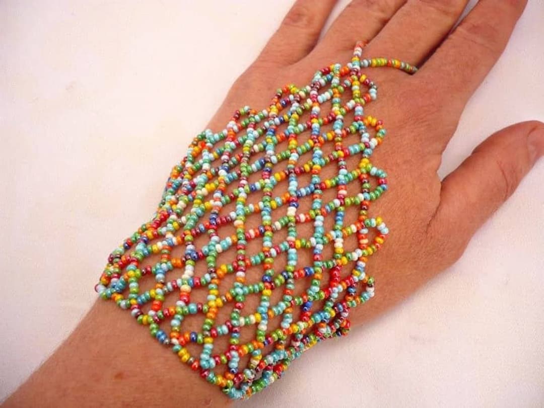Beaded Slave Bracelet, Beadwork Hand Bracelet, Beaded Ring Bracelet ...