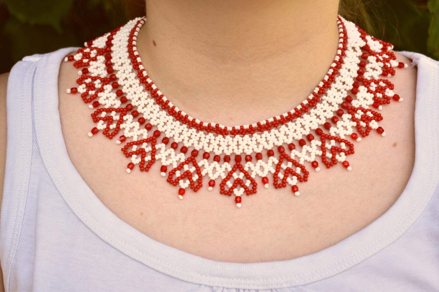 Red-white Beadwork Ukrainian Necklace With Hearts Ukrainian - Etsy