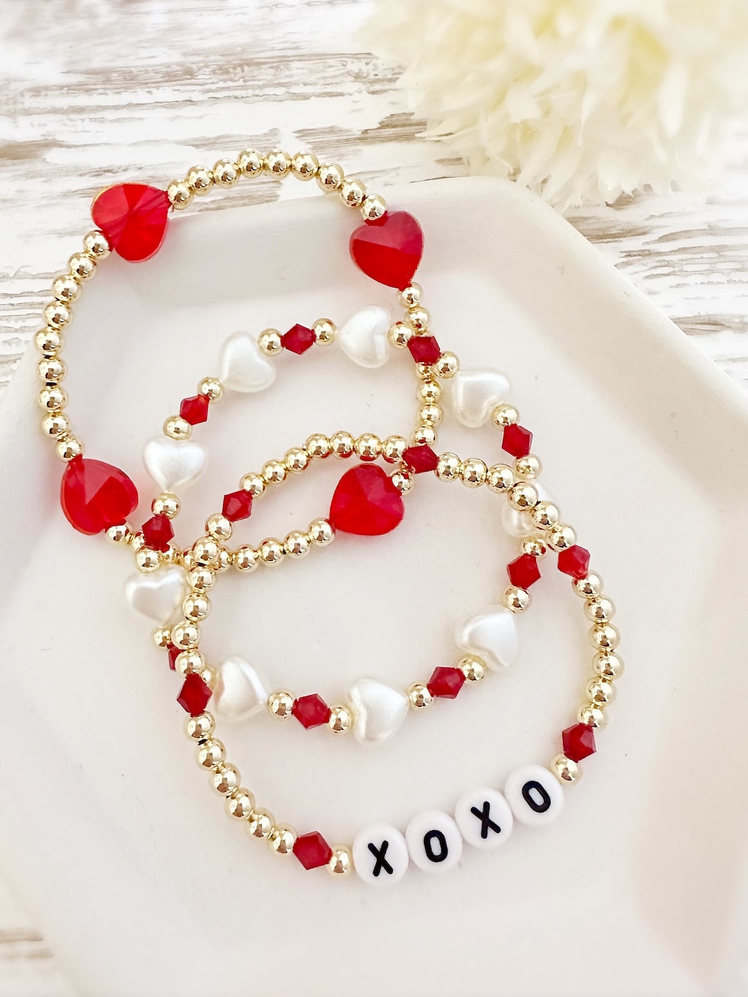 Heart Beaded Bracelet, Red Crystal Beaded Bracelet, Love Bracelet ...