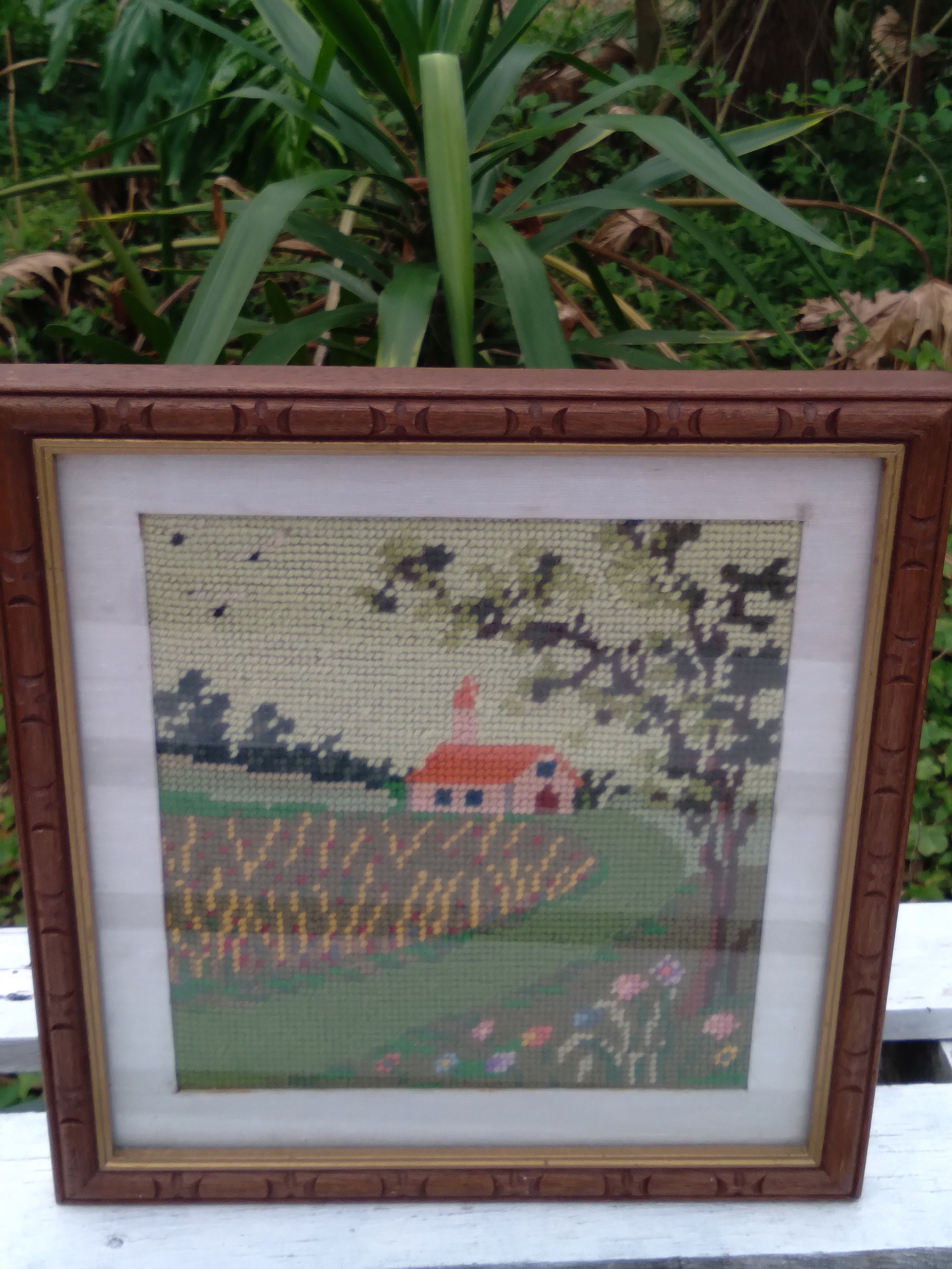 Vintage Framed Needlepoint, Landscape, Floral, Garden, Country Cottage ...