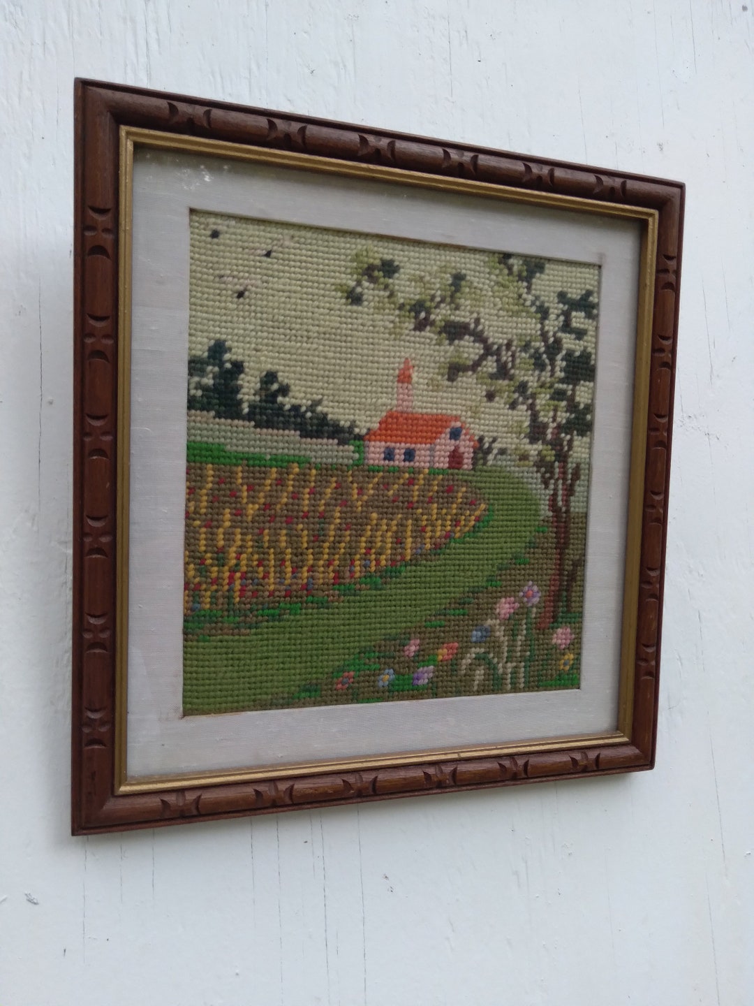 Vintage Framed Needlepoint, Landscape, Floral, Garden, Country Cottage ...
