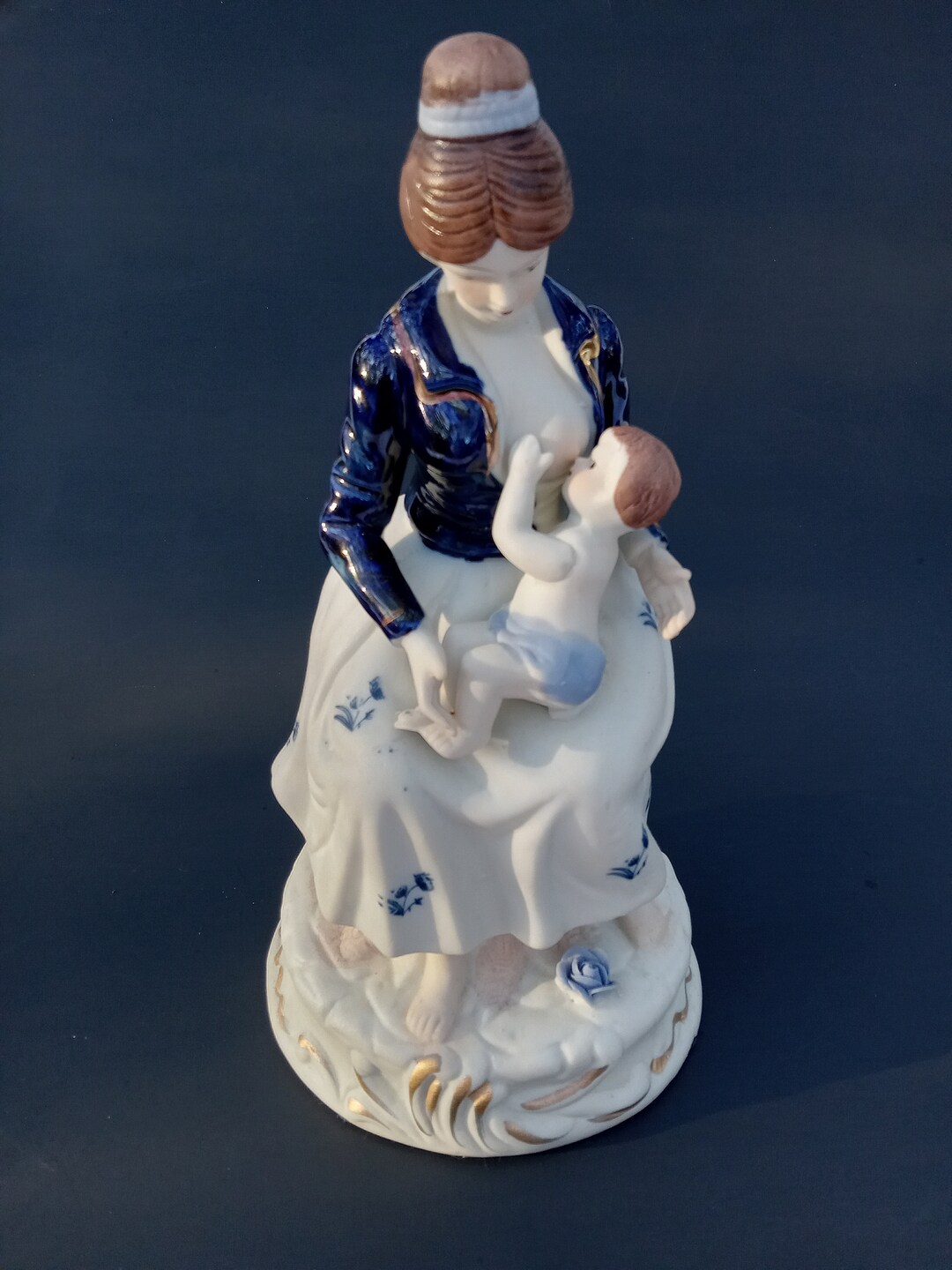 Nursing Mother Porcelain Statue, Cobalt Blue W/ Gold Gilt Figurine ...