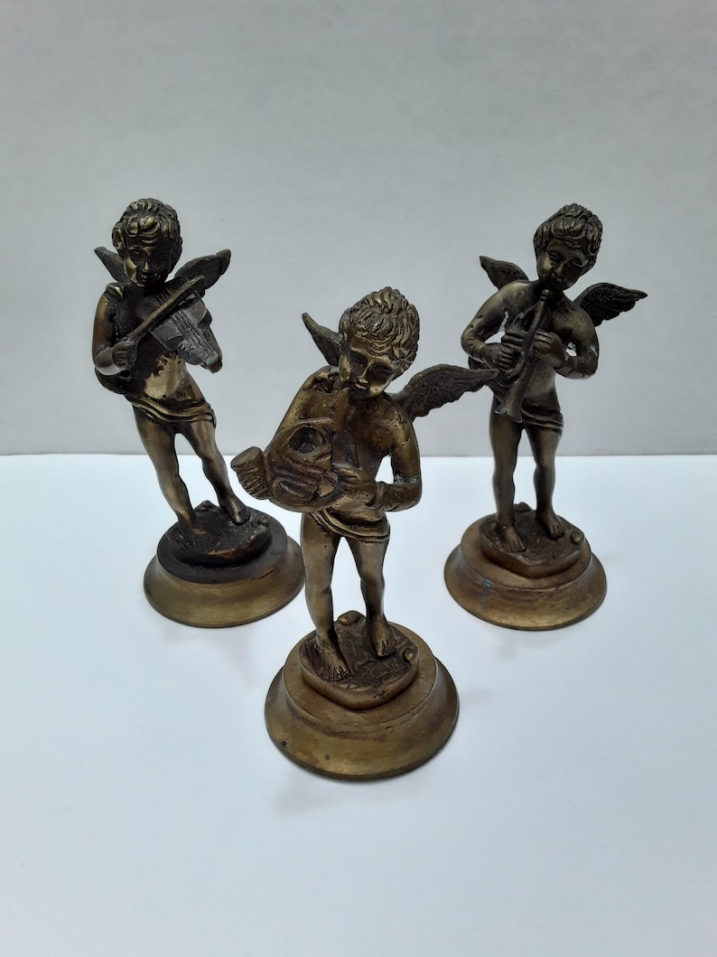 Vintage Brass Cherub Angel Figurines, Brass Angels Playing Instruments ...