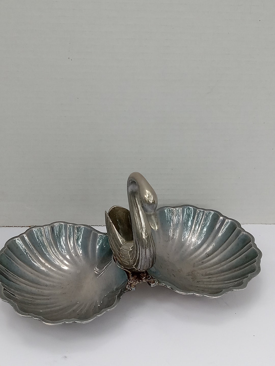 Silver Metal Swan Toothpick Holder/ Double Shell Hors D’oeuvre Dish ...