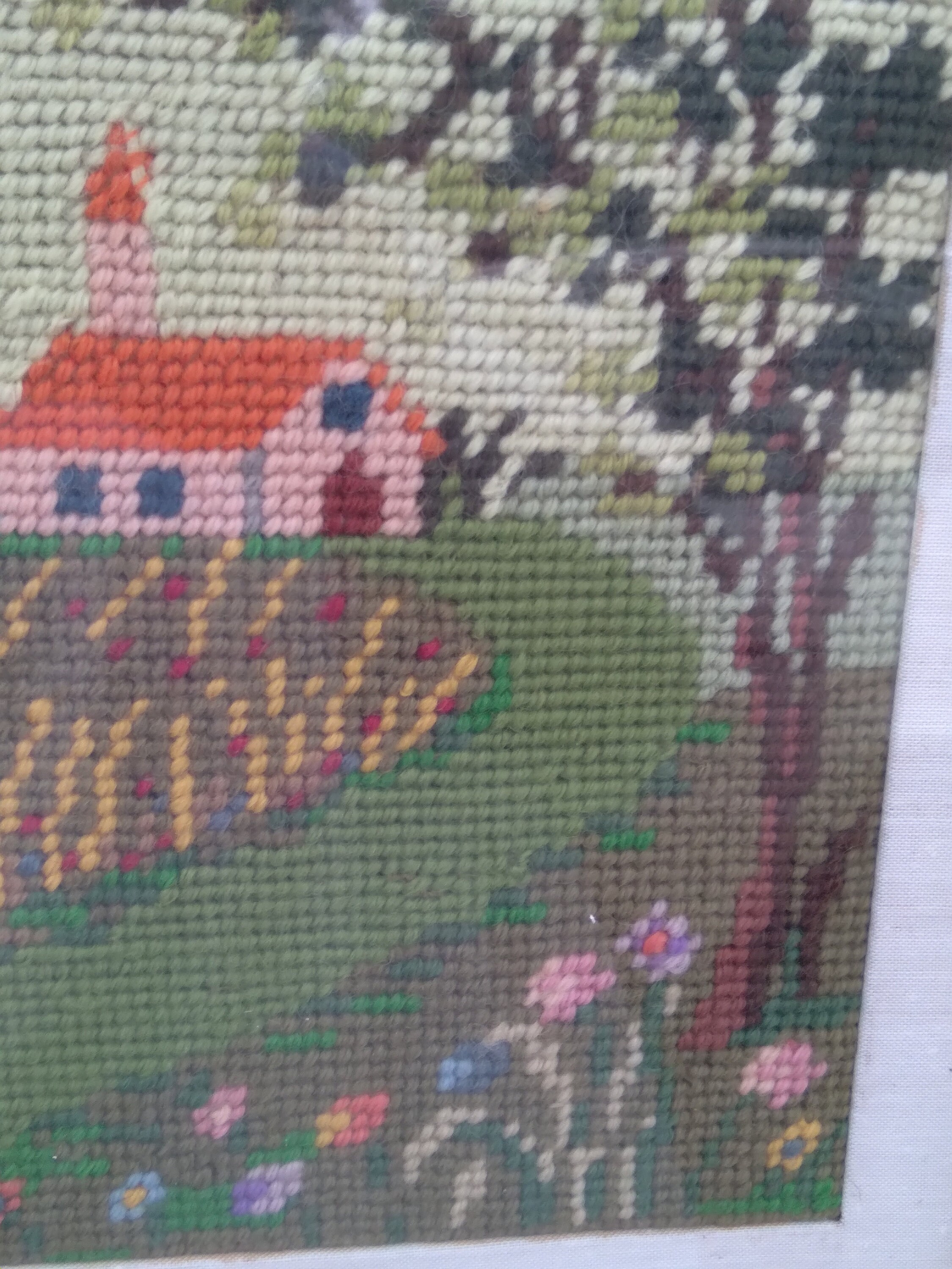 Vintage Framed Needlepoint, Landscape, Floral, Garden, Country Cottage ...