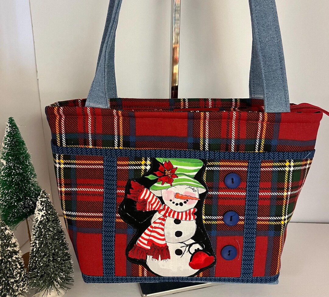 Jeans Red Plaid Snowman Purse, Medium Bag, Multiple Pockets, Top Zipper ...