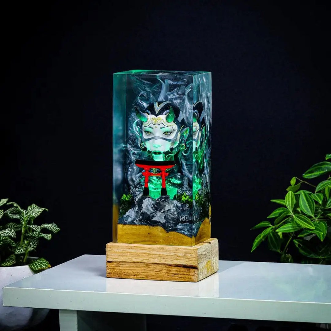 Girl Oni Mask and Torii Gate Epoxy Resin Wood Lamp Night Light Unique ...