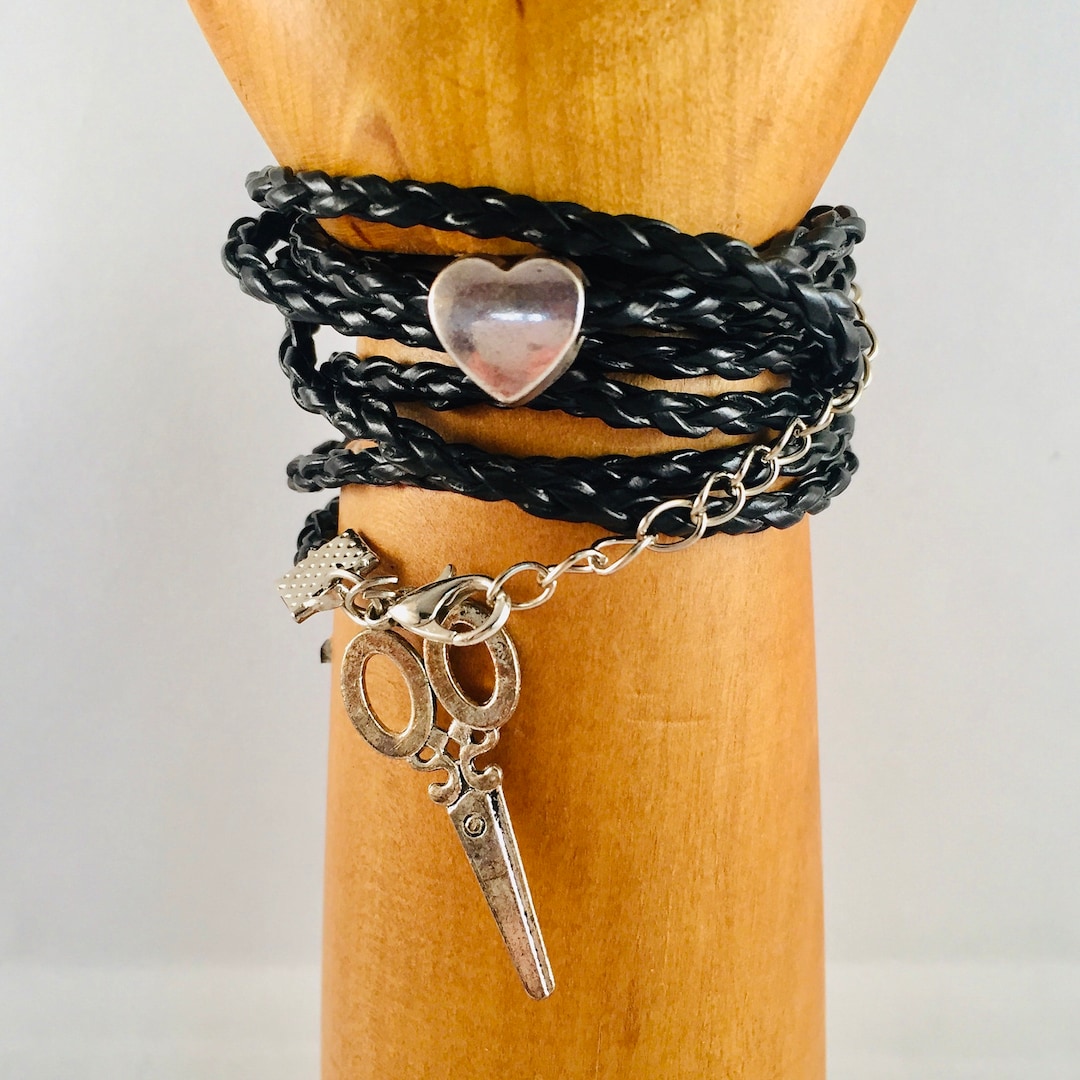 Braided Scissor Wrap Bracelet With Small Scissors and Heart, Black or ...
