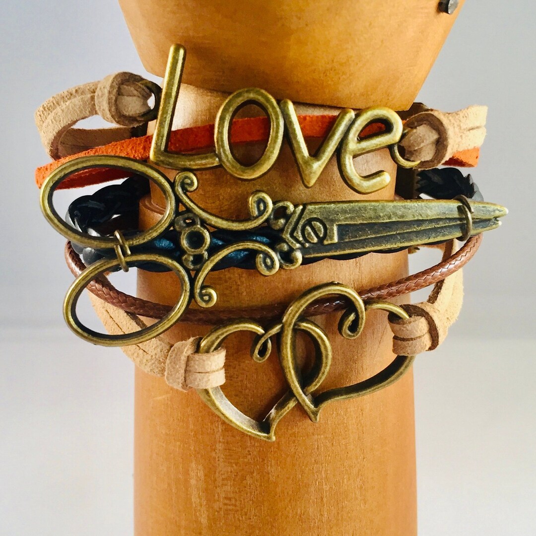 Leather Scissor Bracelet With Antique Bronze Metal Scissor, Hearts, and ...