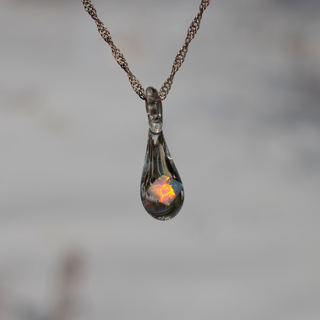 Square Opal Necklace - Blown Glass Jewelry - Glass Teardrop Necklace ...