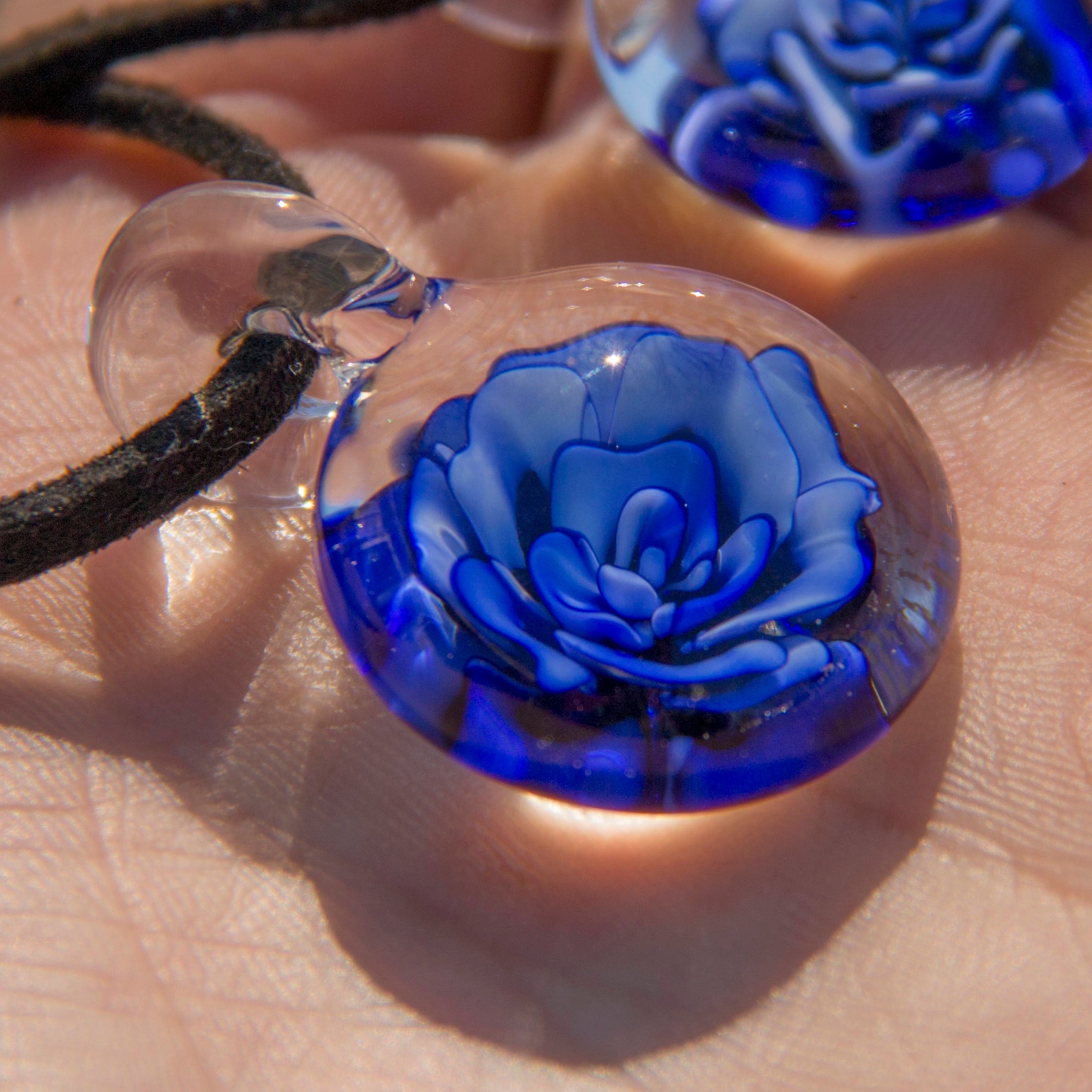 Glass Rose Pendant Necklace - Blown Glass Pendant - Blue Rose Necklace ...