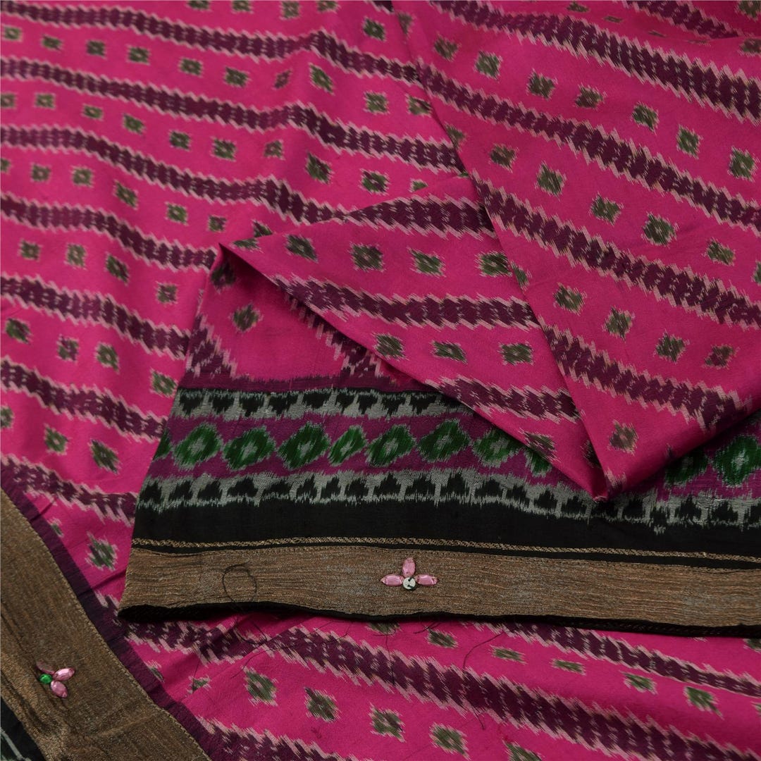 Kreatvkraft Vintage Pochampally Ikat Saree Pink Black Handwoven 100% ...