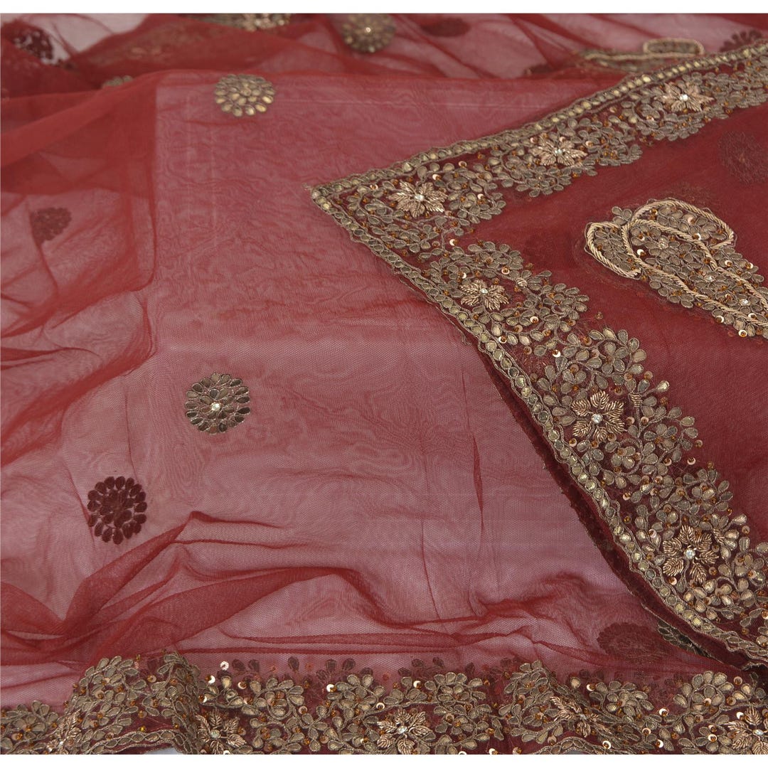 Kreatvkraft Vintage Indian Dupatta/scarf Net Mesh Dark Red Hand Beaded ...