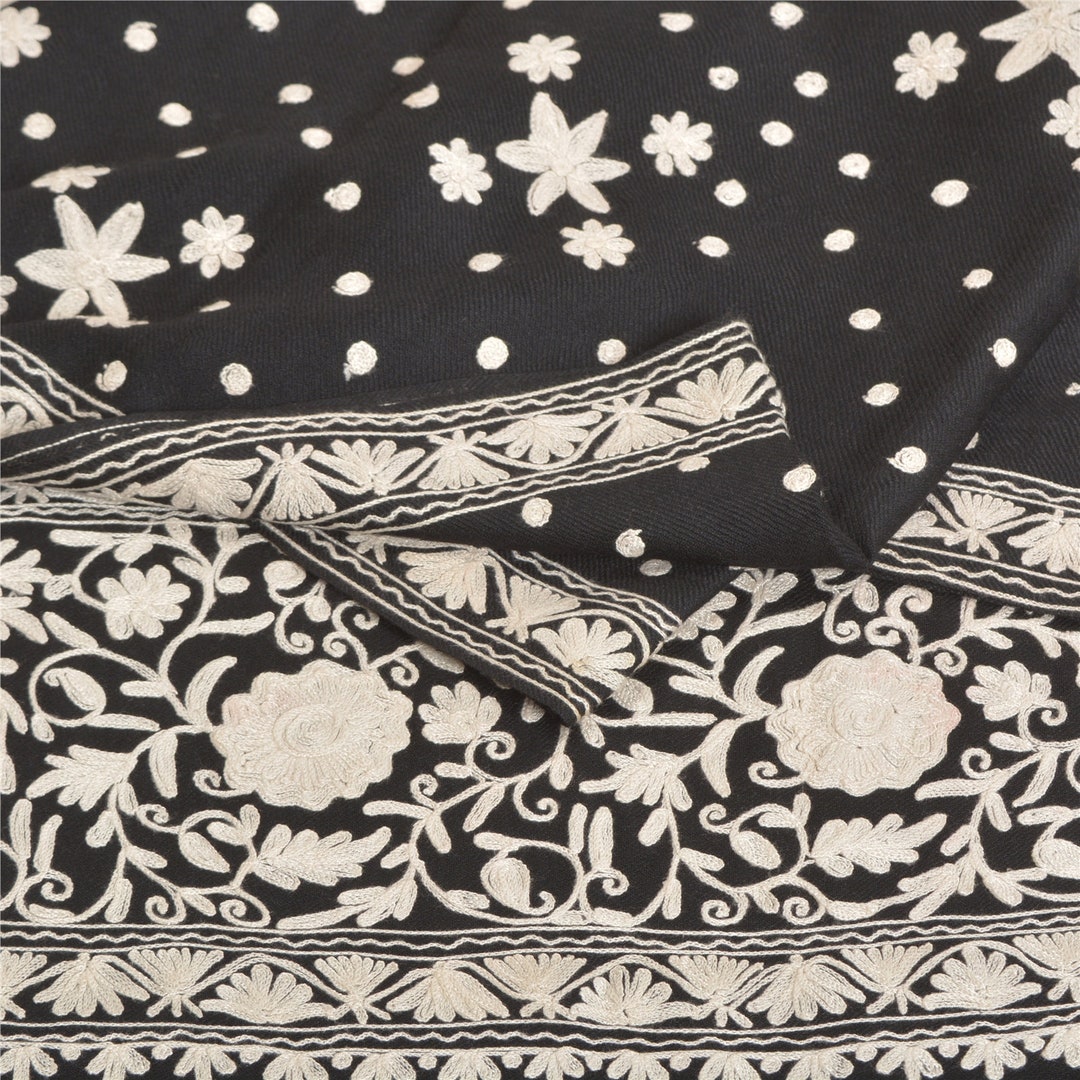 Kreatvkraft Vintage Long Black Woolen Shawl Handmade Ari Work Scarf ...