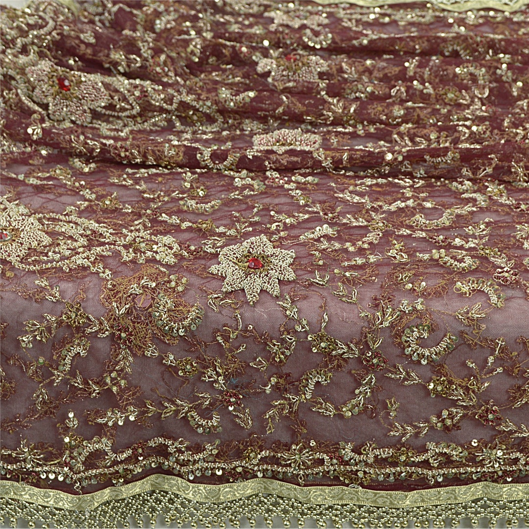 Kreatvkraft Vintage Wedding Dupatta Net Mesh Dark Red Hand Beaded ...