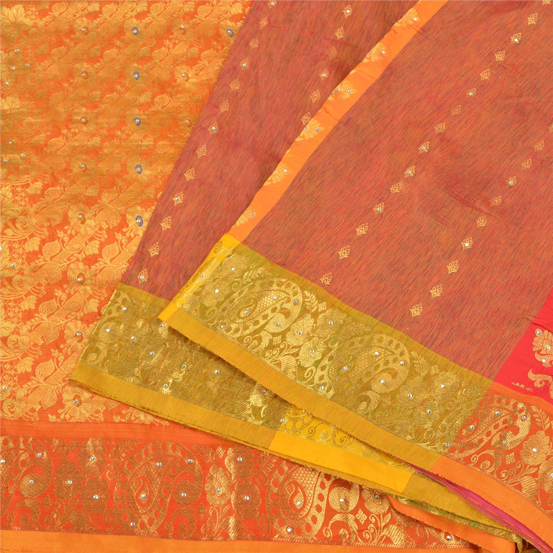 Kreatvkraft Vintage Saree 100% Pure Silk Saffron Saree Zari Woven ...