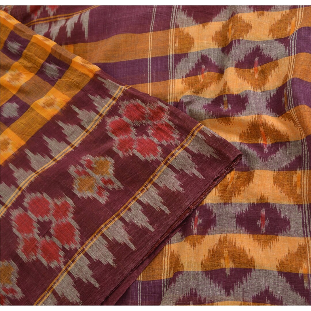 Kreatvkraft Vintage Sari 100% Pure Cotton Saffron/purple Sarees Hand ...