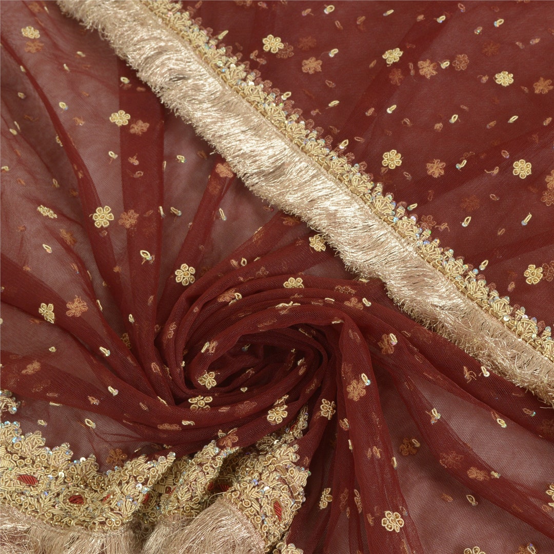 Kreatvkraft Vintage Dark Red Long Dupatta Stole Net Mesh Veil Hand ...