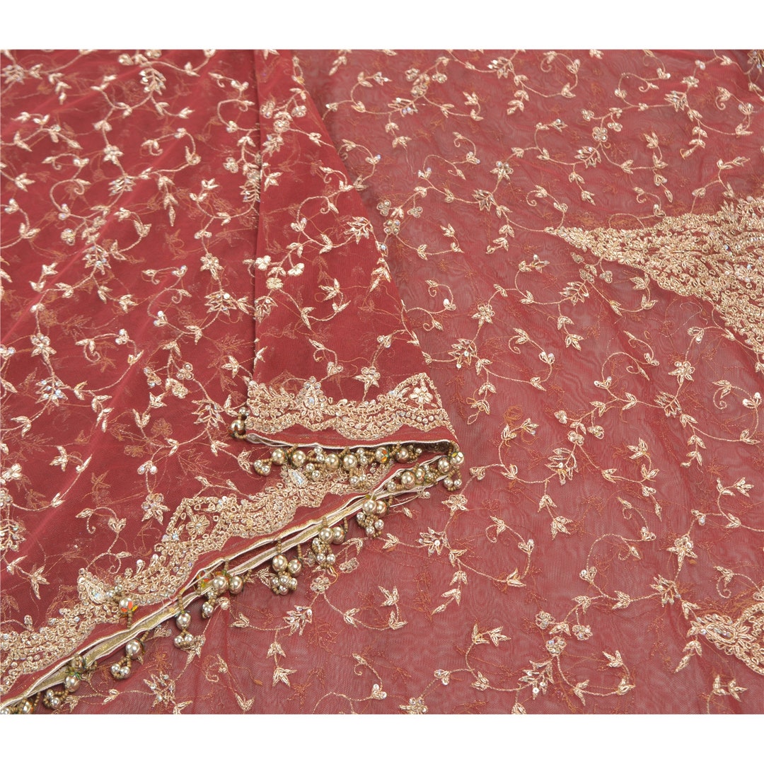 Vintage Heavy Dupatta Net Mesh Dark Red Hand Beaded Wrap - Etsy