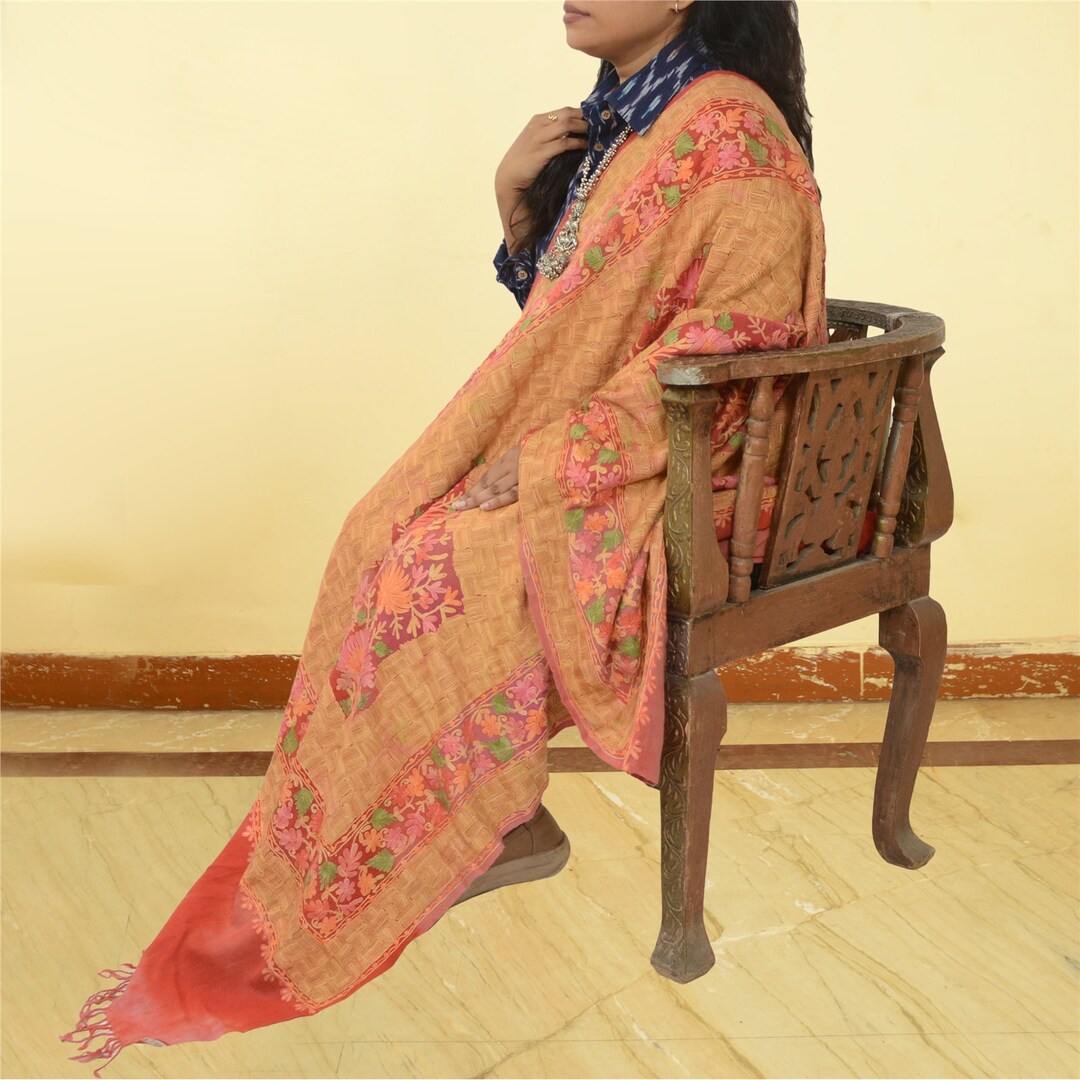 Vintage Long Shawl Handmade Ari Work Pink Pure Woolen Scarf Throw ...