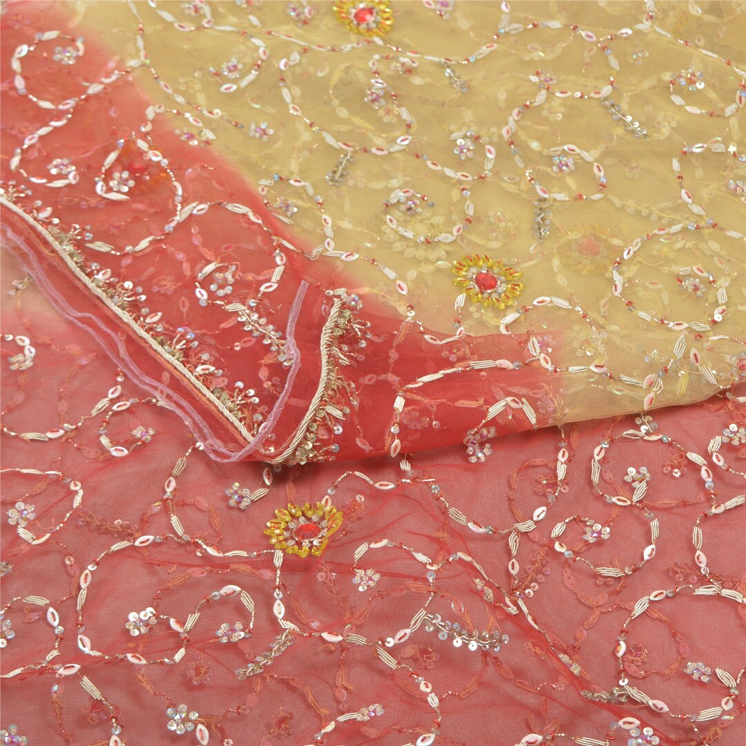 Kreatvkraft Dupatta Net Mesh Red/ivory Hand Beaded Rhinestone Stole - Etsy