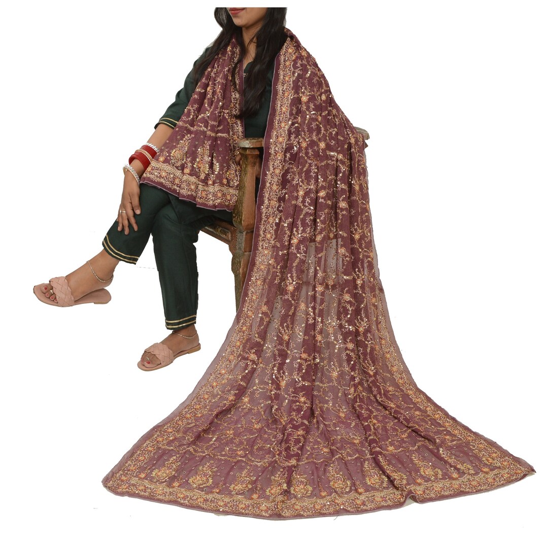 Kreatvkraft Vintage Pink Dupatta Pure Georgette Silk Hand Beaded Party ...